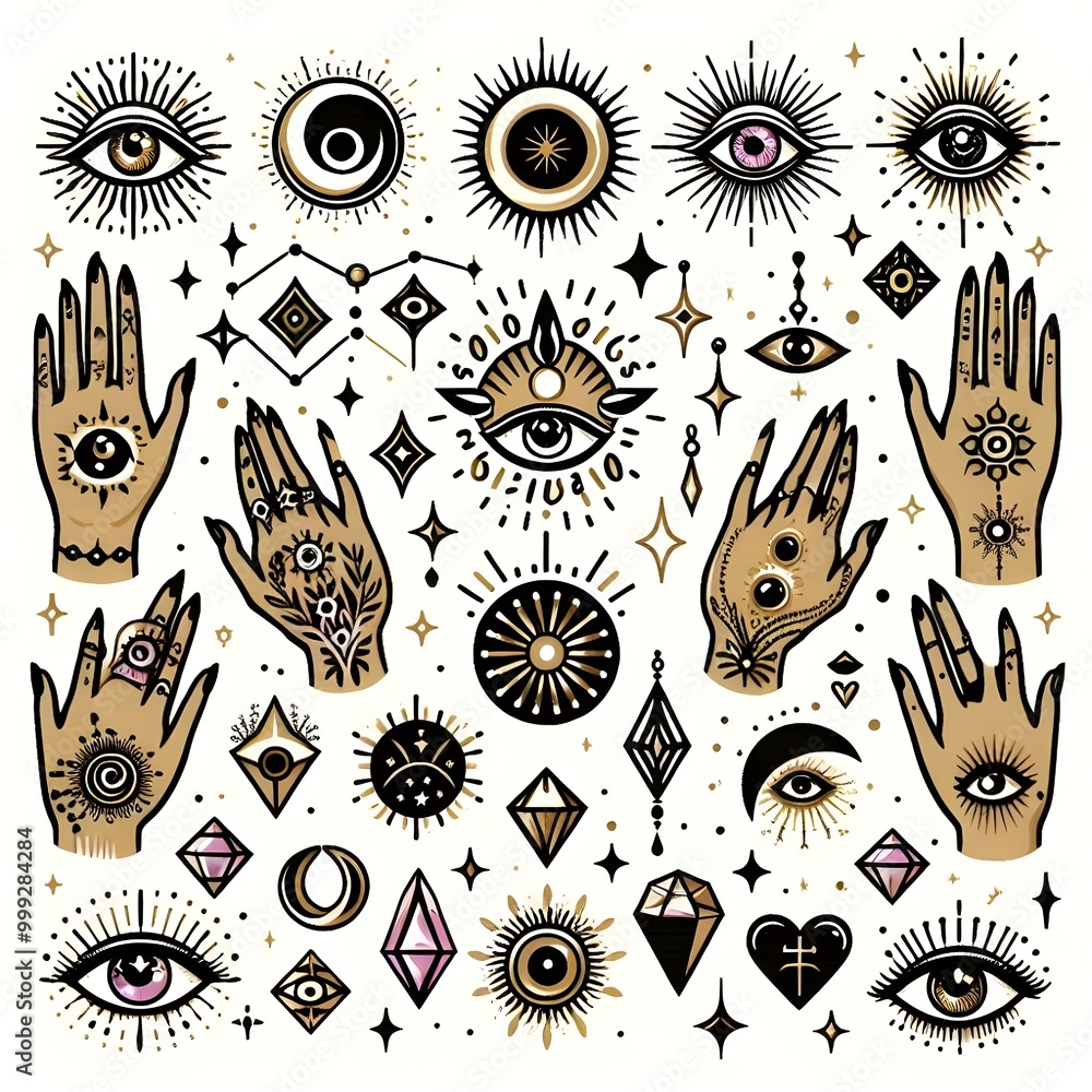 Vector set of woman hands with mystical magic symbols-eyes, sun ...