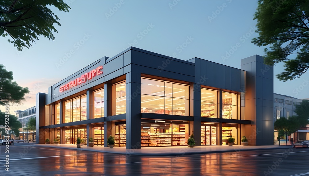 Modern supermarket facade with vibrant signage and displays, showcasing ...