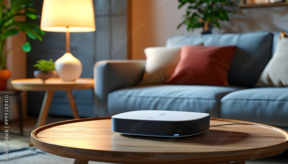Sleek modern Wi-Fi router displayed on a light table in a contemporary ...
