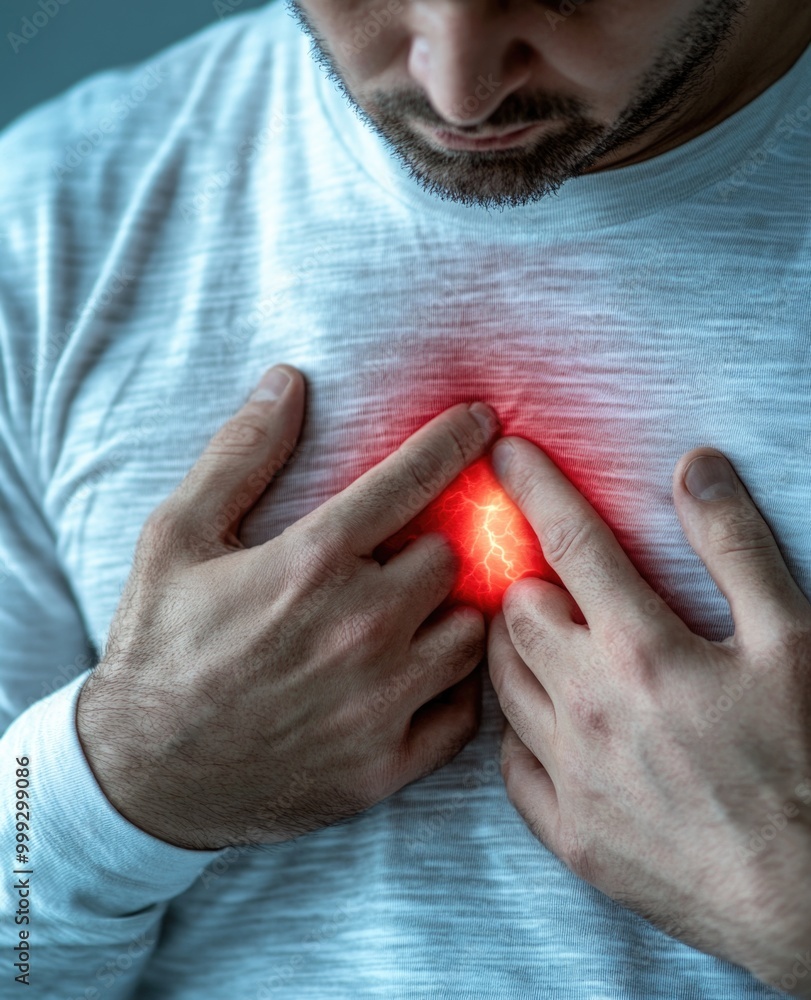 Heart attack sign: Individual holding their chest in pain, symbolizing ...