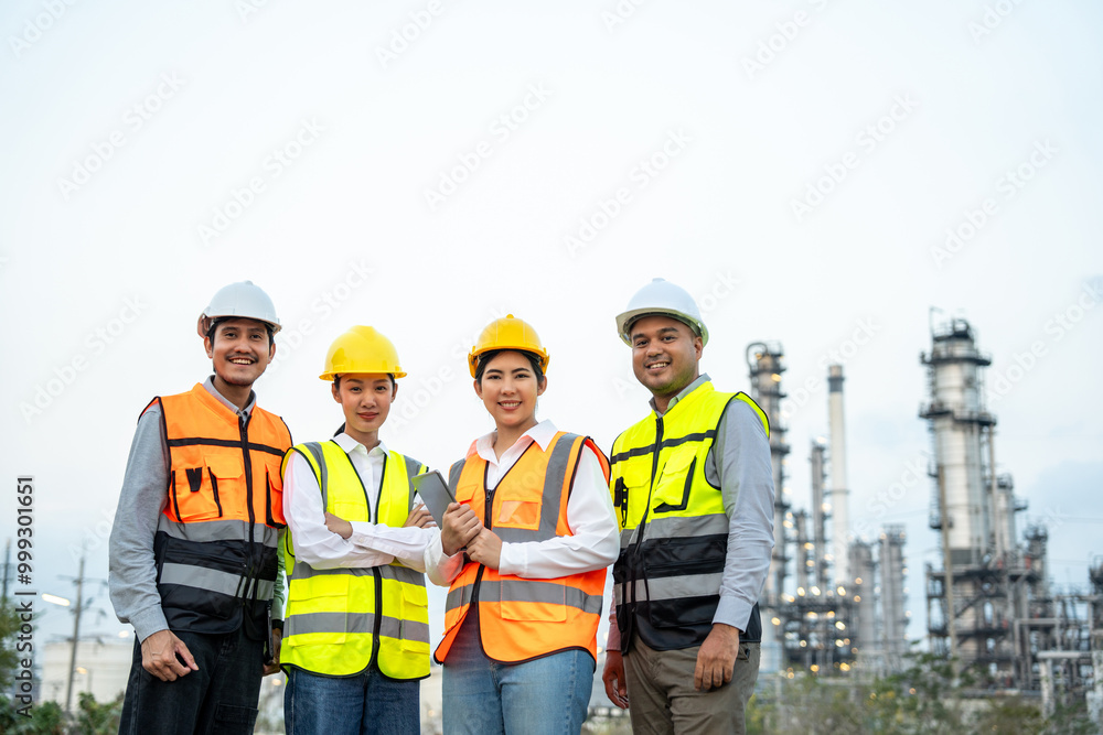 Group of Asian engineer people with safety helmet standing front of oil ...