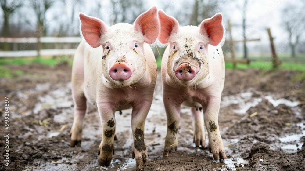 Two adorable pigs playfully rolling and splashing around in a muddy pen ...