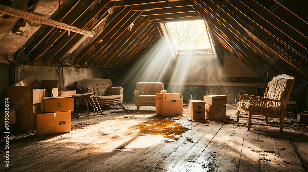 An attic space with old furniture and cardboard boxes, water dripping ...