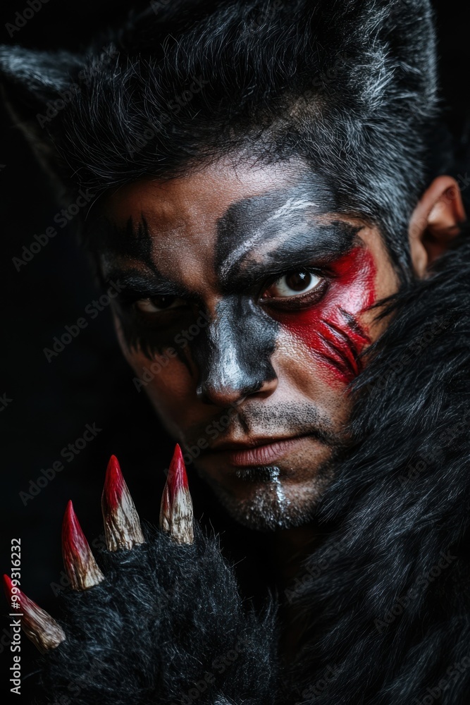 Portrait of a Hispanic man with werewolf face paint, sharp claws and ...