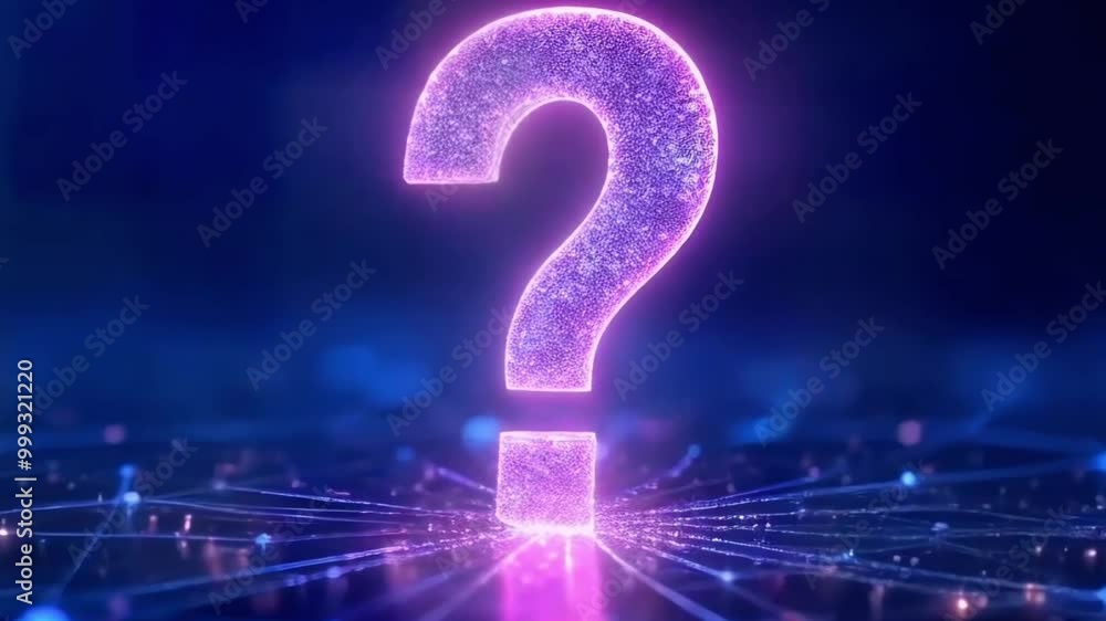 A glowing question mark made of particles against a blue background ...