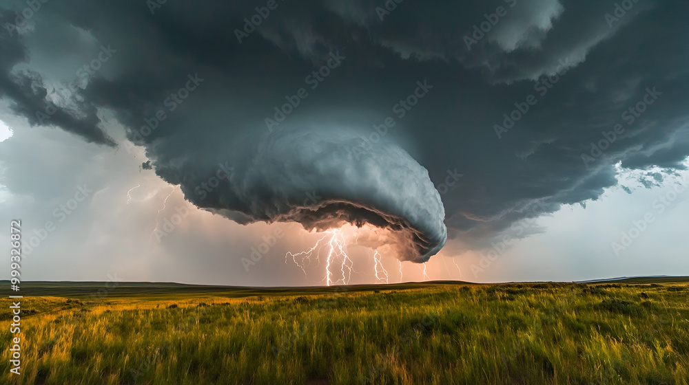 Powerful tornado funnel cloud in a wide-open plain, illuminated by ...