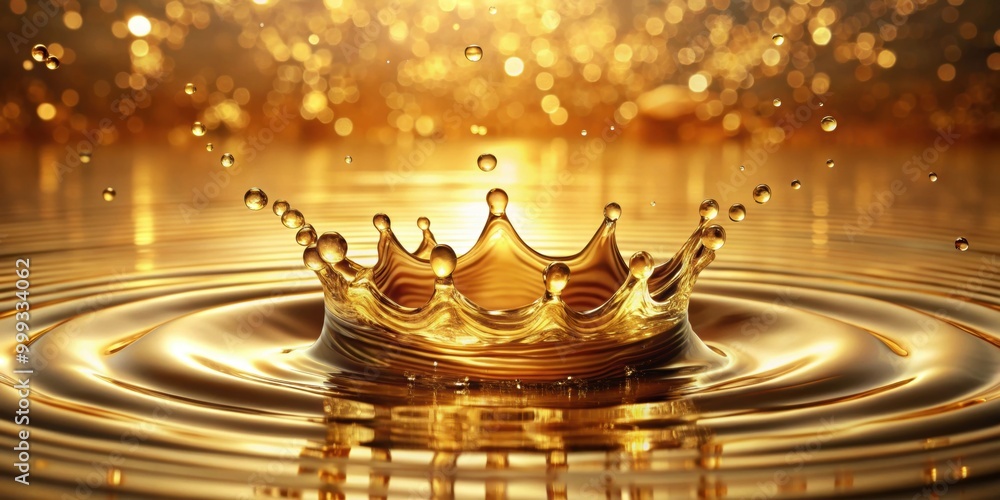 Droplets of golden pure energy oil in crown shape with ripple wave form ...