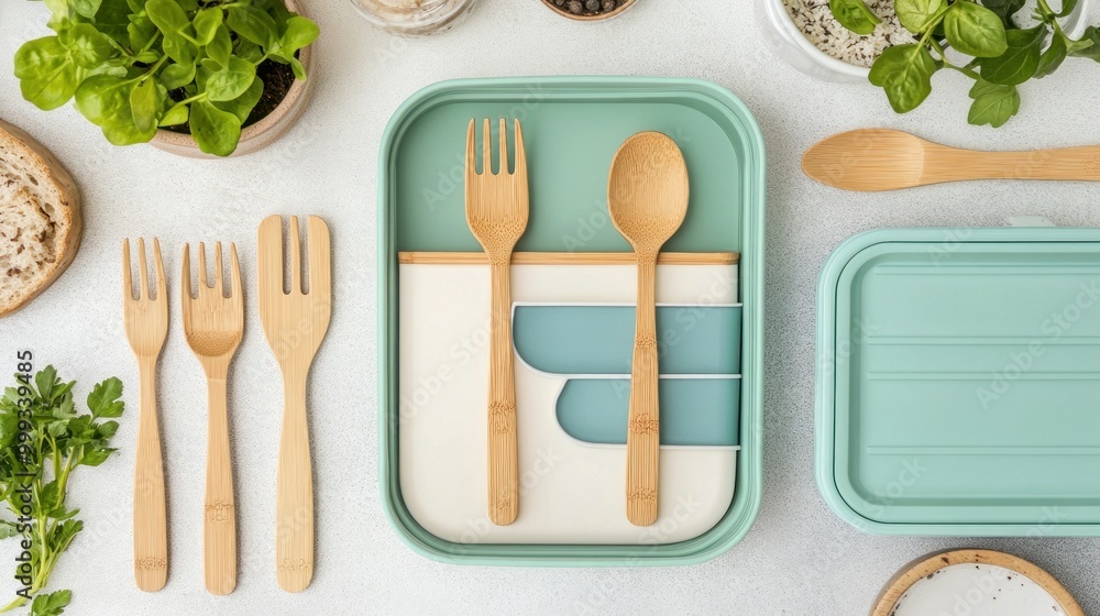 Show an eco-friendly lunch box with a bamboo cutlery set and reusable ...