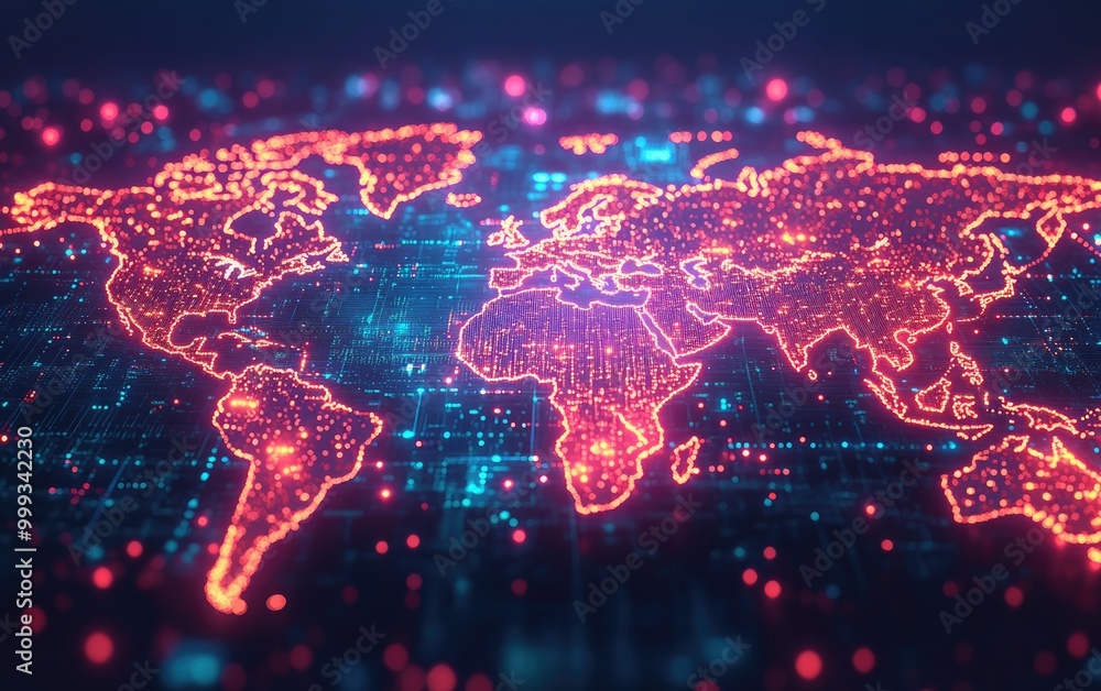 Tech geography: world map crafted from microchips, global interconnectedness in digital age ...