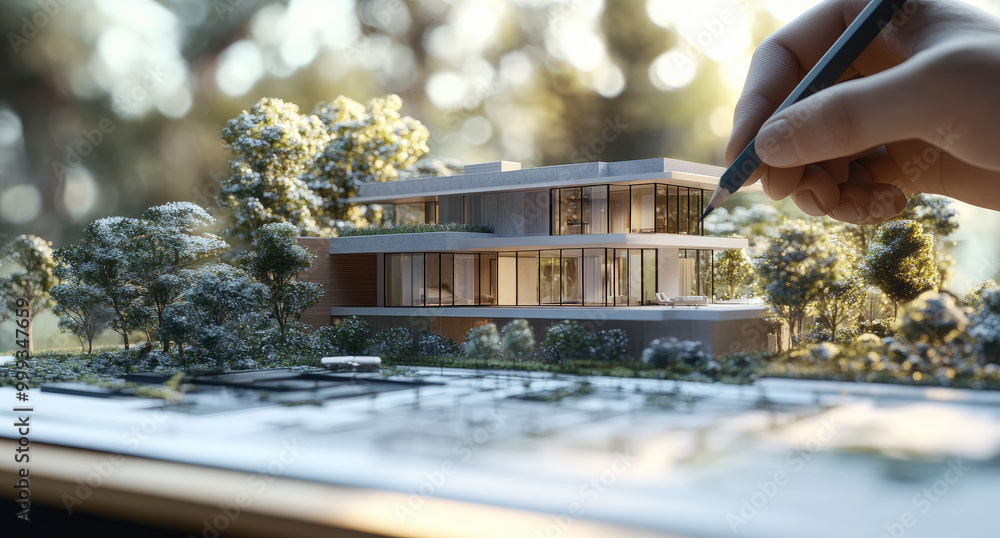Architect drawing a modern house on an architectural blueprint, hand ...
