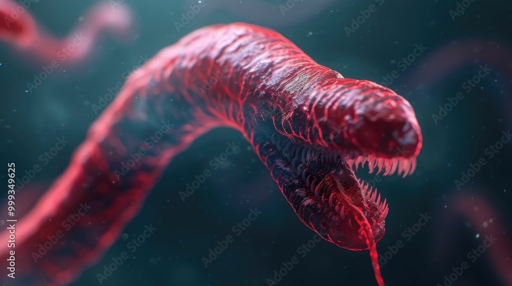 Extreme close up of a nightmarish parasitic creature emerging from ...