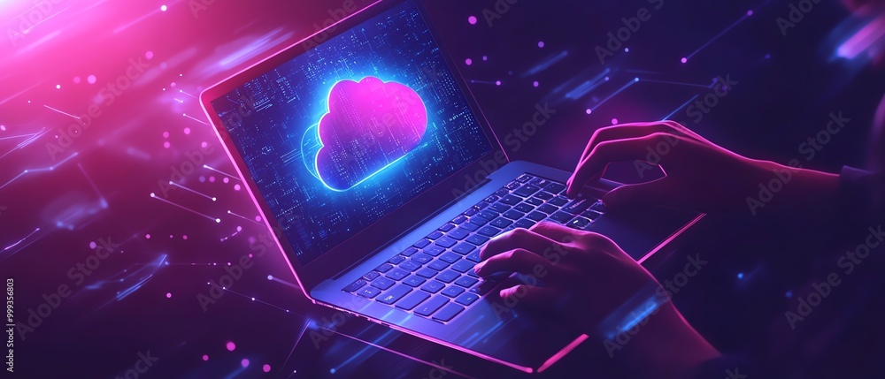 Secure access to data on cloud Person use laptop with cloud computing ...