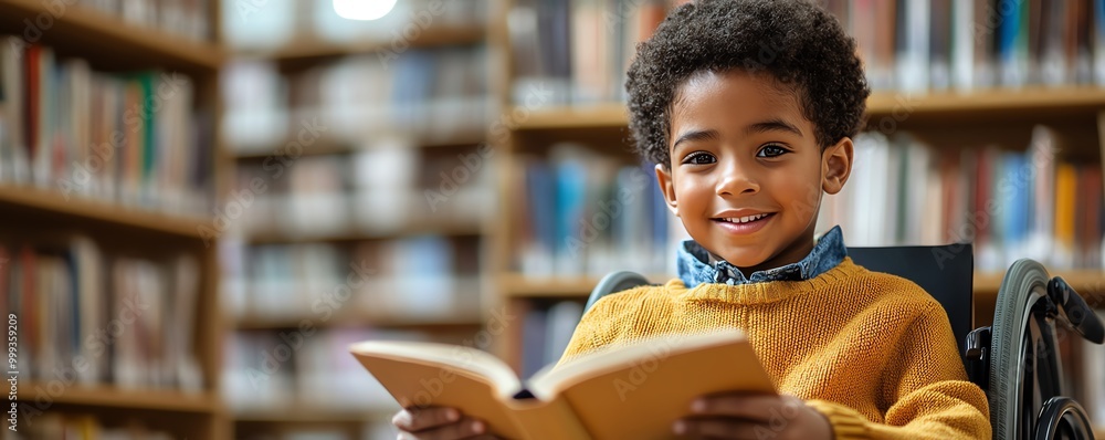 Happy young disabled mixed race school student in wheelchair reading a ...