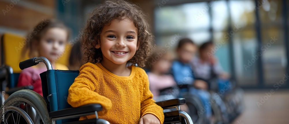 Inclusive image of happy multiethnic disabled children in wheelchairs ...