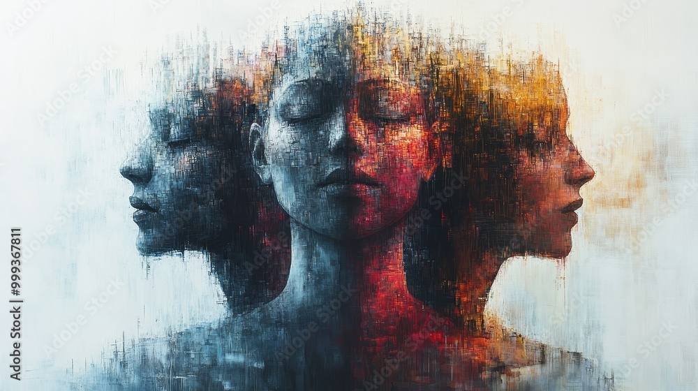 Abstract portraits with pixelated faces and distorted features blending ...