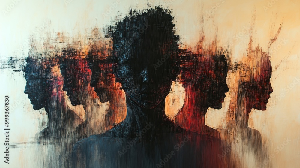 Abstract portraits with pixelated faces and distorted features blending ...