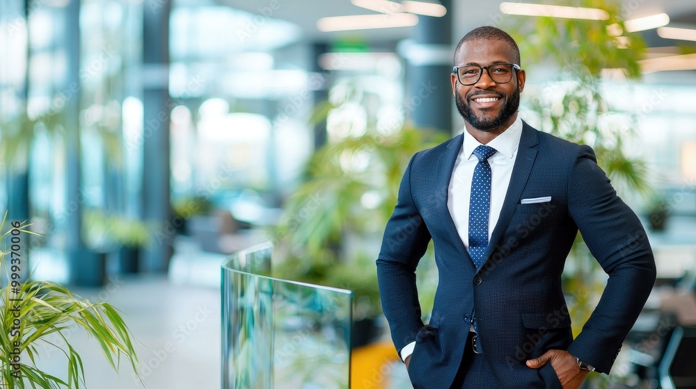 Confident Black businessman in formal attire smiles warmly in a sleek ...