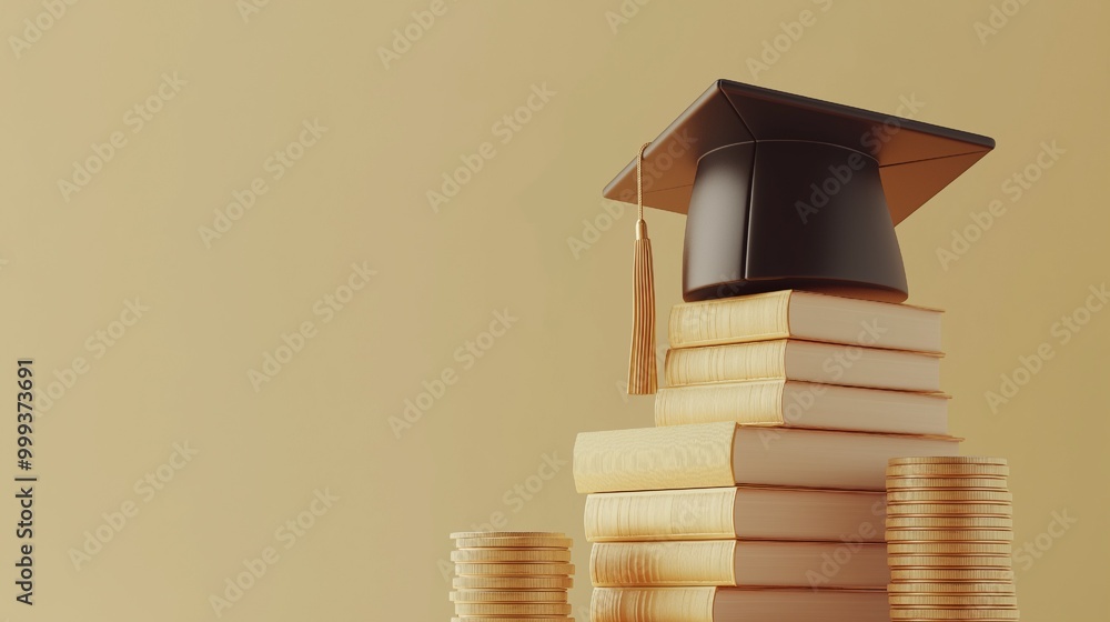 Graduation cap in a beige color scheme with books and coins. 3D ...