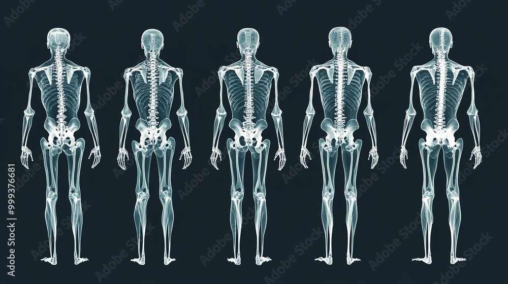 Front, back, and side views of human skeleton on dark background ...