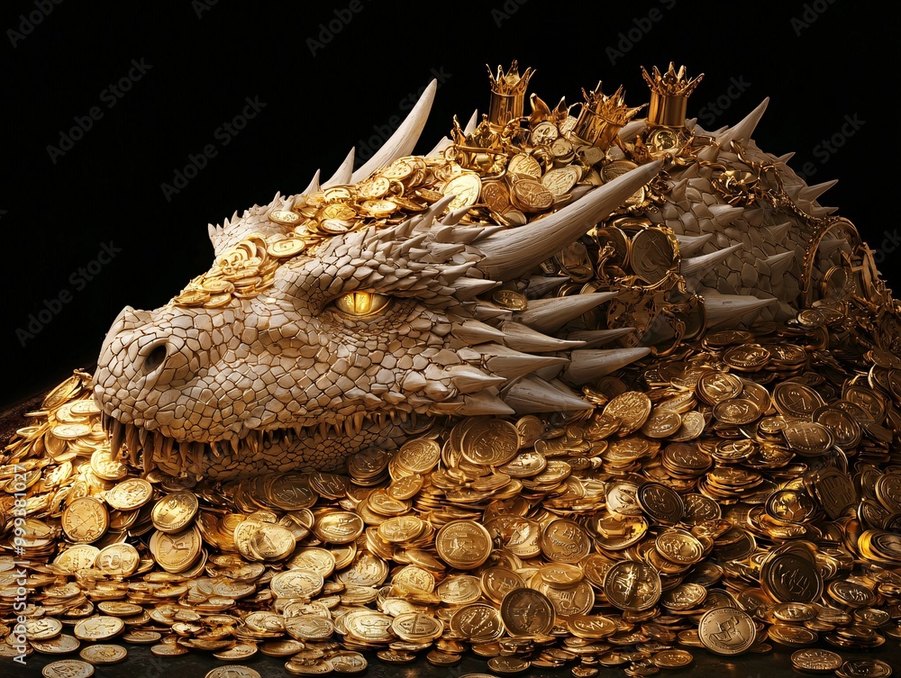 Golden dragon hoarding treasure in its lair, surrounded by piles of ...