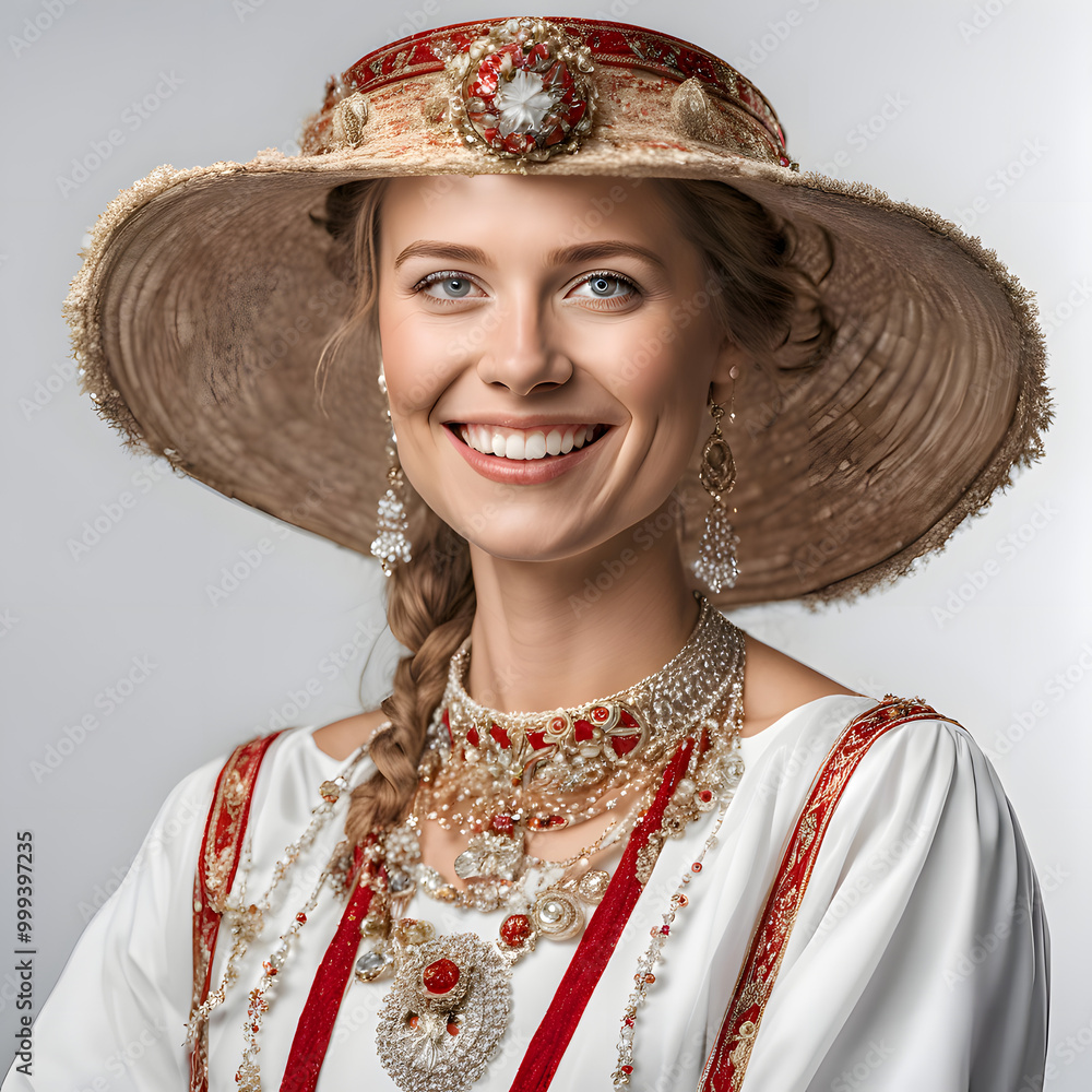 Beautiful Nordic woman on traditional clothes and jewelries smiling to ...