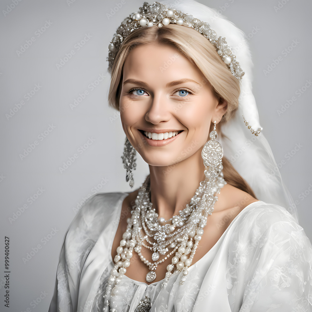 Beautiful Nordic woman on traditional clothes and jewelries smiling to ...