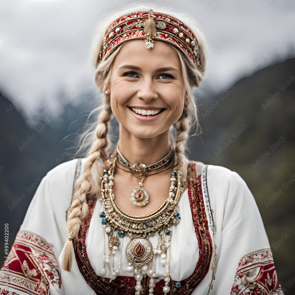 Beautiful Nordic woman on traditional clothes and jewelries smiling to ...
