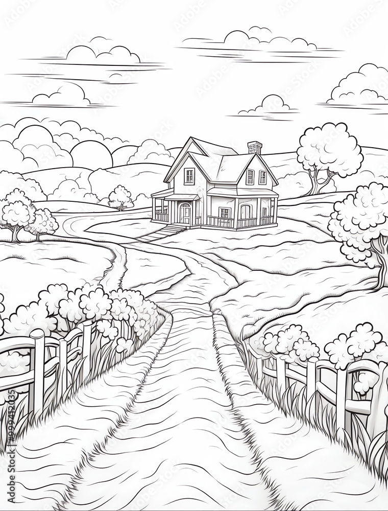 A simple black-and-white coloring book page of a farmhouse with a long ...
