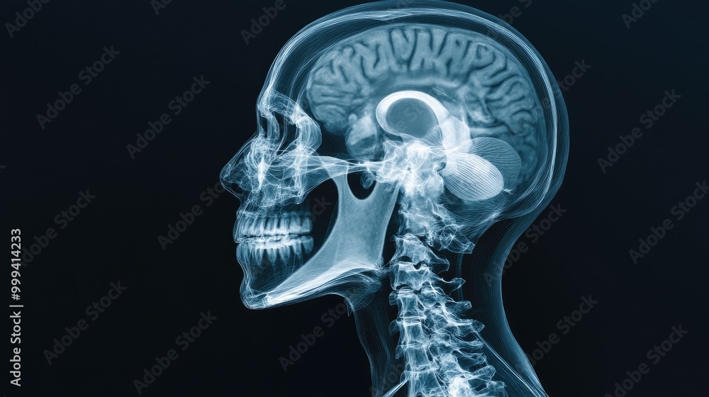 X-ray head scan, showing cranium and facial bones, 3D illustration ...