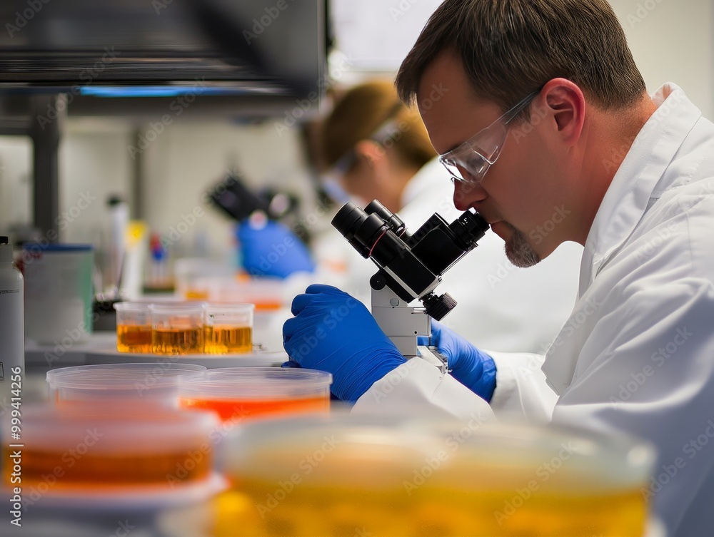 Microbiologists working in a lab, studying microorganisms like E. coli ...