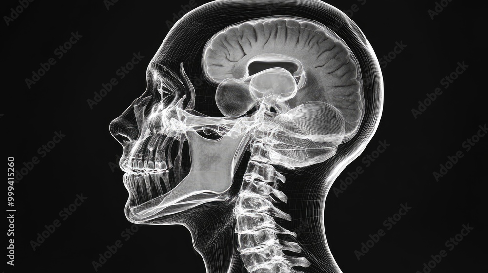 X-ray head scan, showing cranium and facial bones, 3D illustration ...