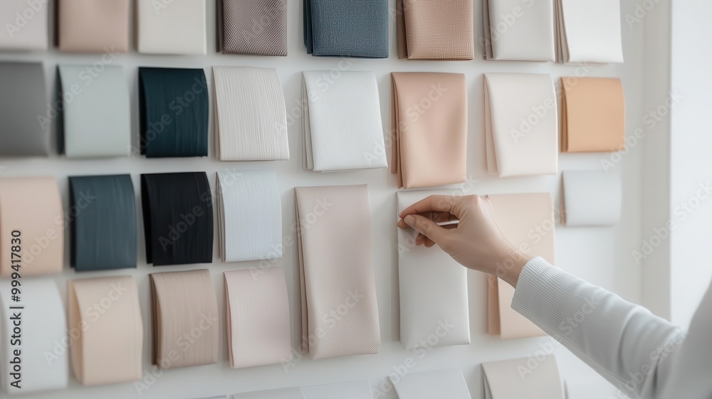 Designers pinning fabric samples and color swatches to a bulletin board ...