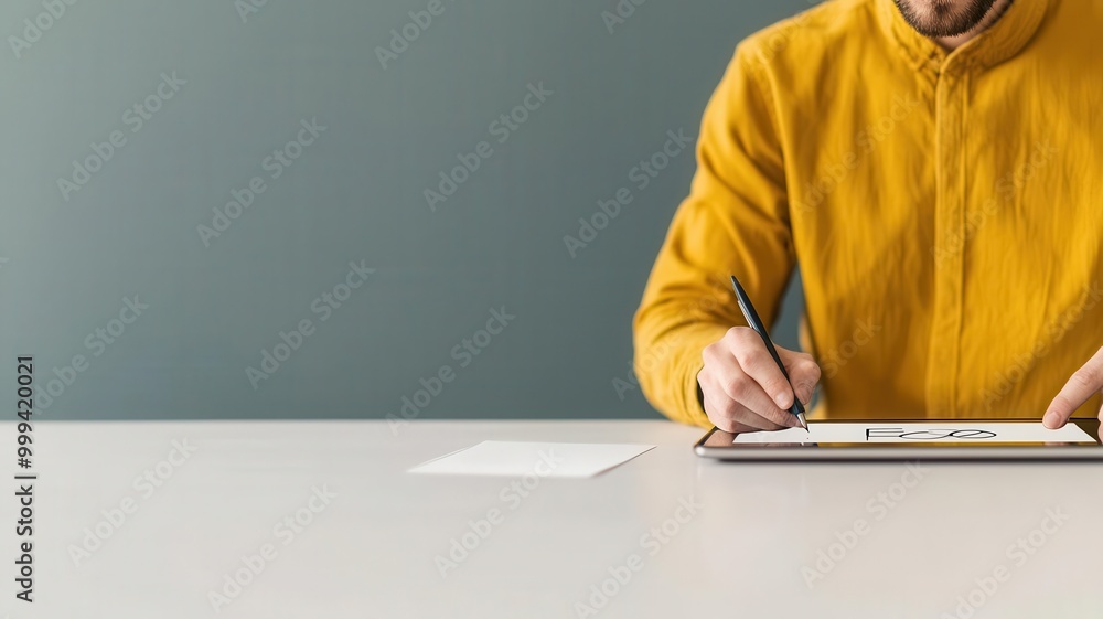 Graphic designer drawing up final logo ideas on a tablet, while others ...