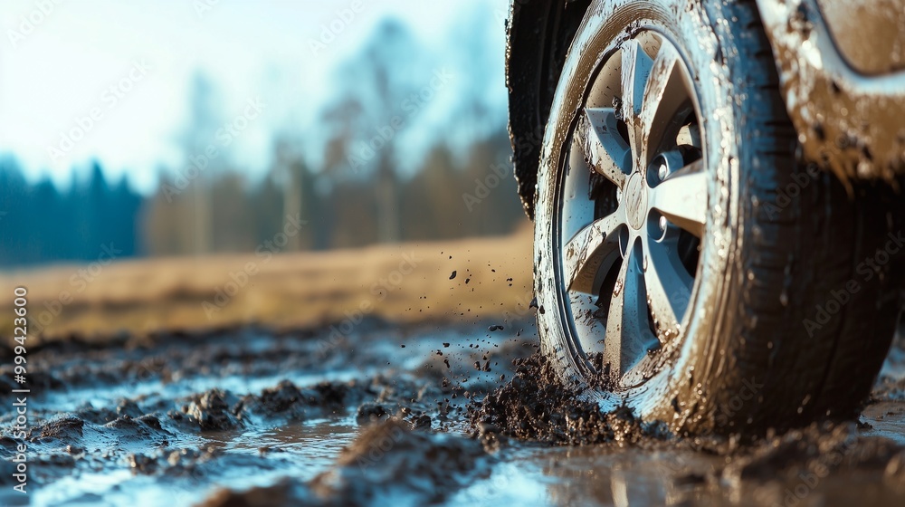 wheels of the car are travelling on a muddy road. Off-road and muddy ...