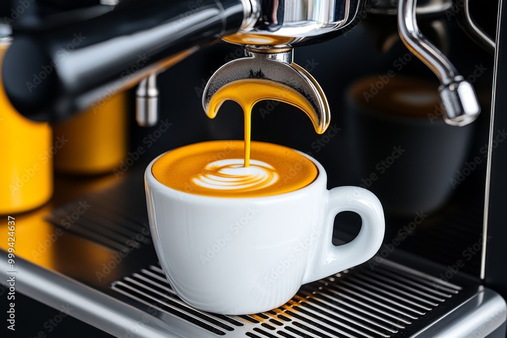 Espresso machine pulling a perfect shot, with the crema forming on top ...