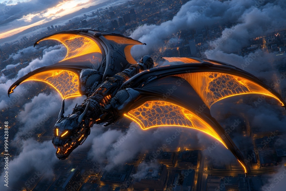 Robotic dragon flying over a futuristic city, its mechanical wings ...