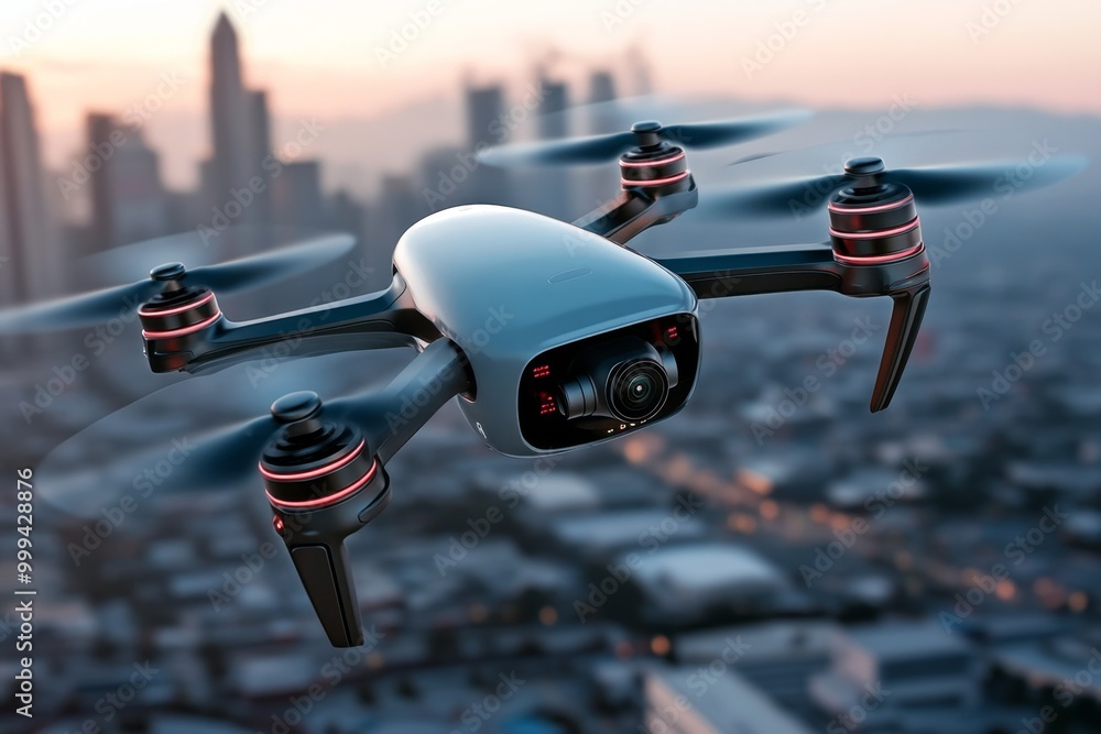 Robotic drone flying over a cityscape, with fine details of its sensors ...