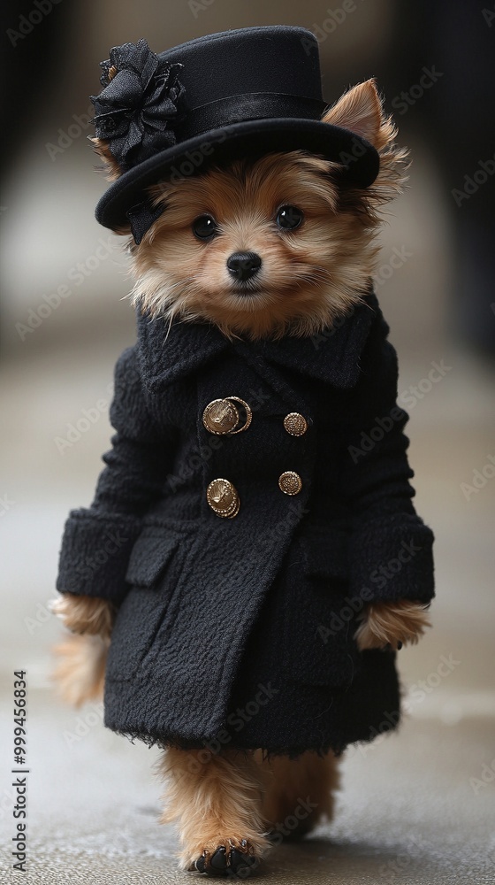 Perro elegante con abrigo y sombrero negros adornados, posando con ...