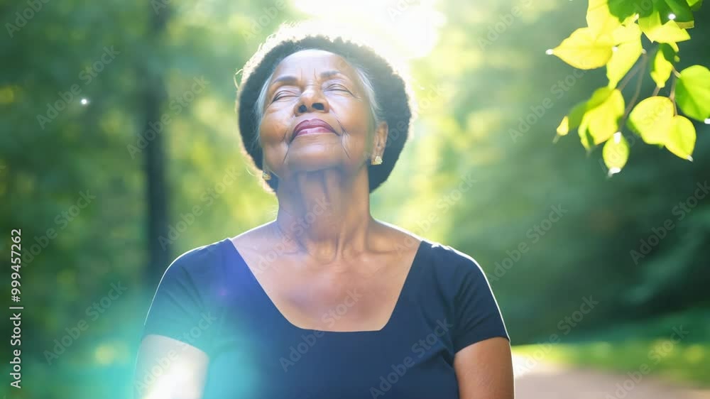 Elderly black woman meditating on a sun-dappled forest path, floating ...