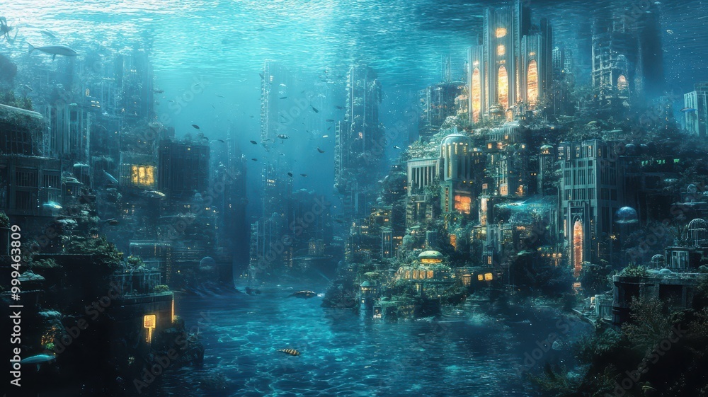 Modern Building office or city town is submerged the ocean sea and fish ...