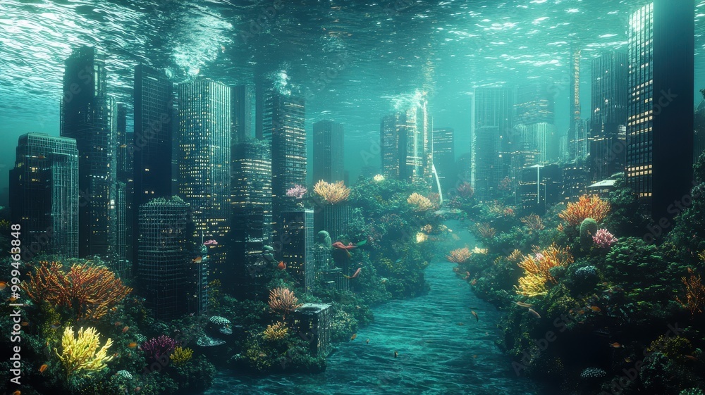 Modern Building office or city town is submerged the ocean sea and fish ...