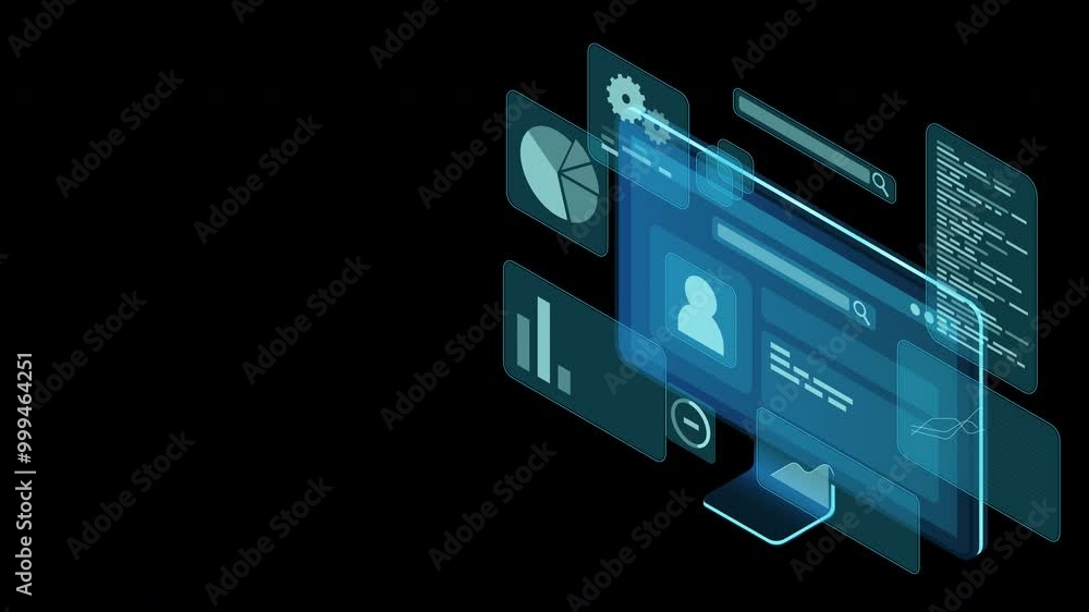 Computer monitor animation with blue virtual holographic projections ...