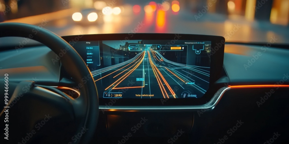 Detailed view of a car dashboard with AR navigation, where a digital ...