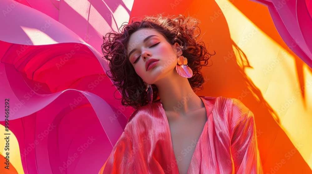 Fashion Model Posing in Front of Vibrant Abstract Art Installation with ...
