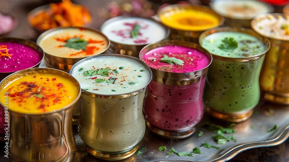 A colorful variety of lassi served in brass cups, each lassi a ...