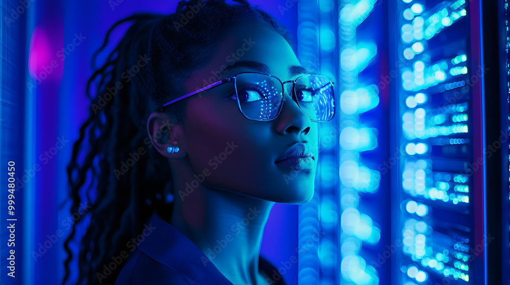 Black female cyber security analyst analysing AI cyberspace threats on ...