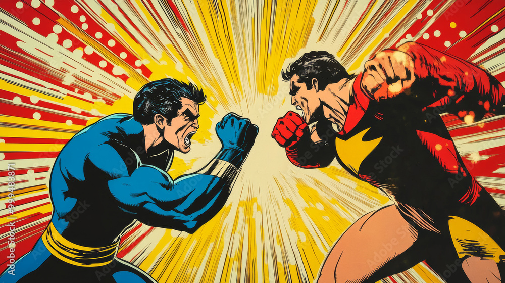 A comic book fight scene with two characters facing off. The background ...