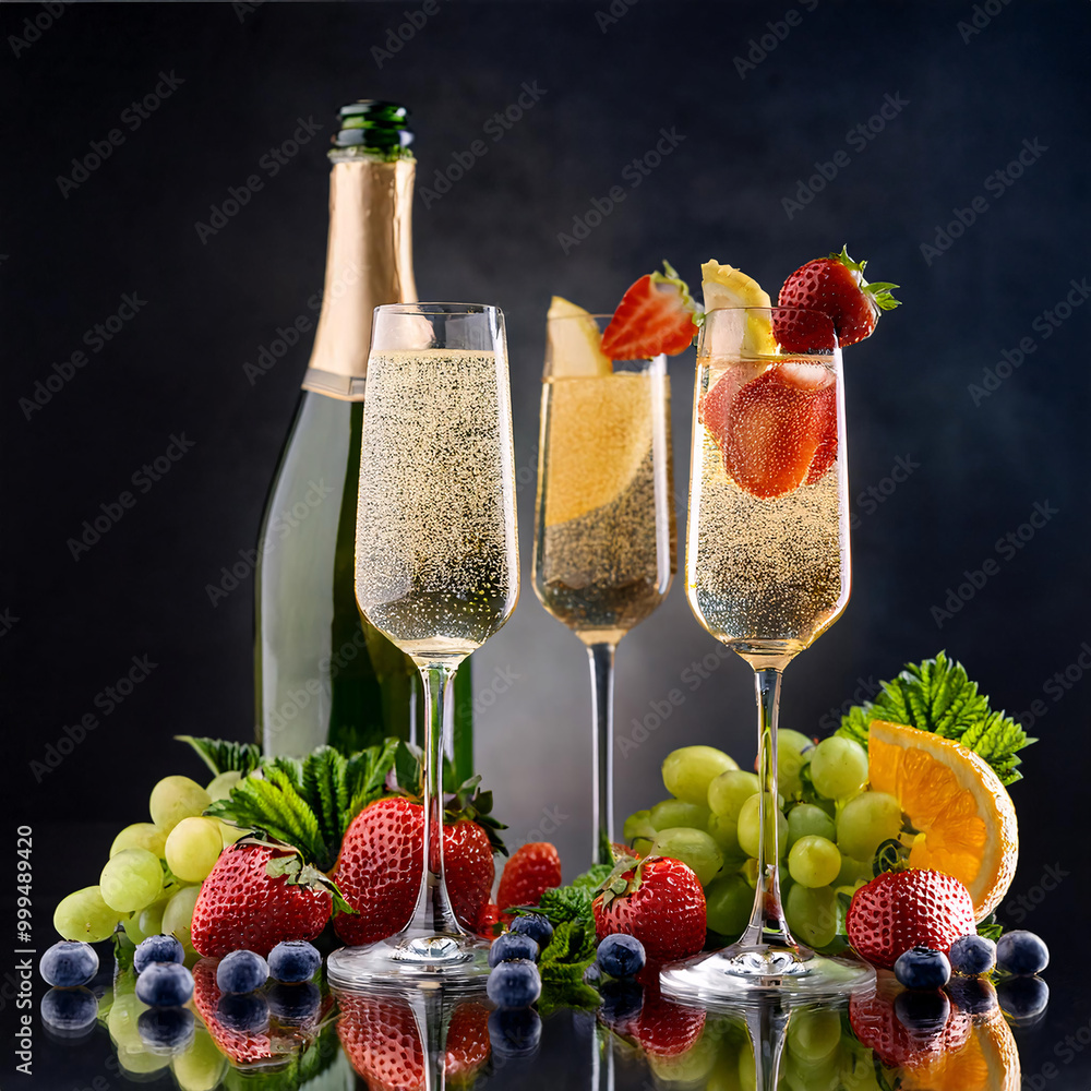 Champagne flutes filled with sparkling drinks, adorned with fruit and ...