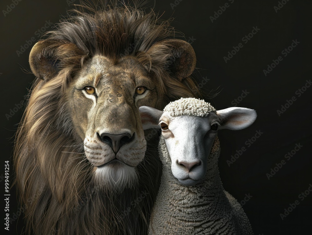Lion and sheep together, showcasing an unusual and symbolic bond ...