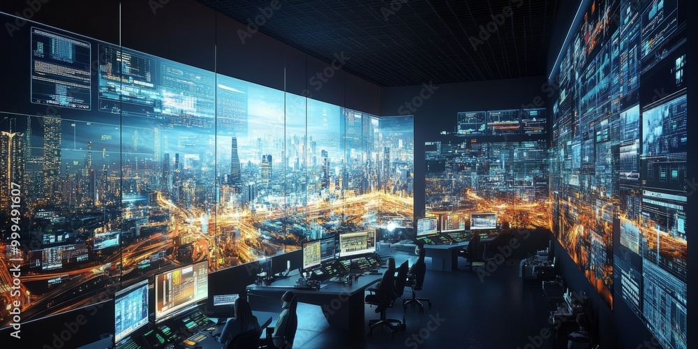 a smart city control room, with interconnected systems managing traffic ...